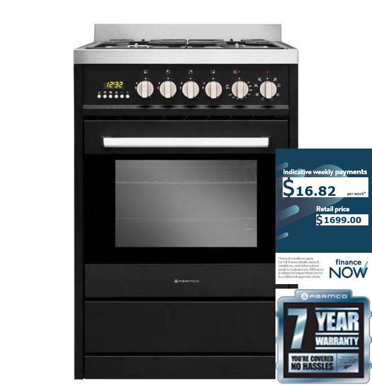 PARMCO 60CM BLK GAS-ELECTRIC STOVE *NEW*